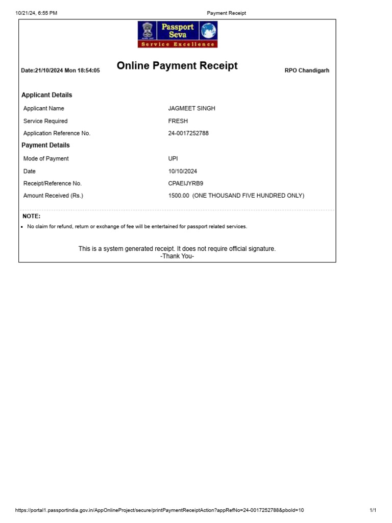 Passport Payment Receipt 2024 | PDF | Finance & Money Management