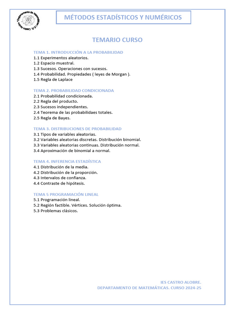 Temario Metodos Estadisticos y Numericos | PDF | Ciencia y matemáticas