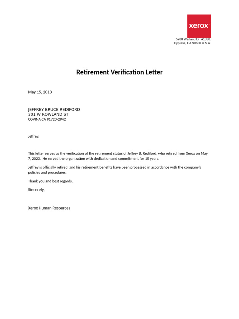 Xerox Retirement Verification Letter | PDF