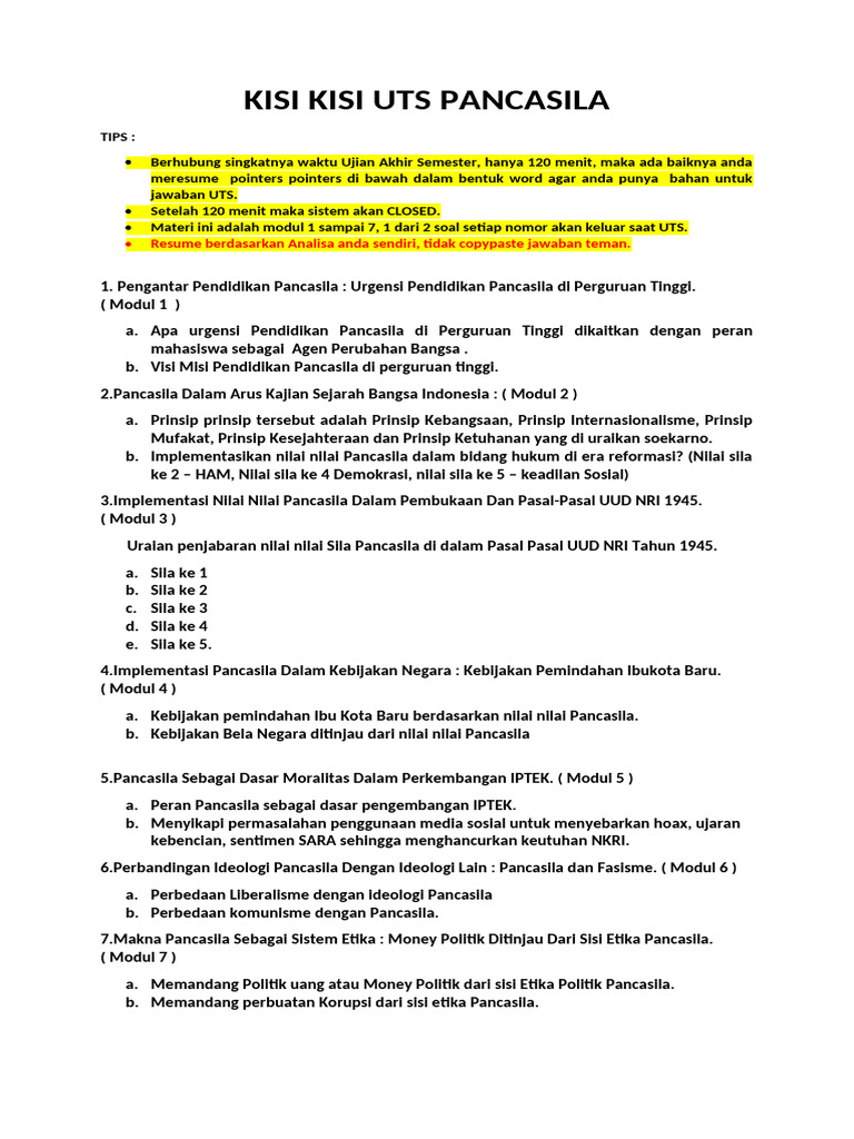 Kisi-Kisi UTS Pancasila Lengkap dan Terstruktur | PDF