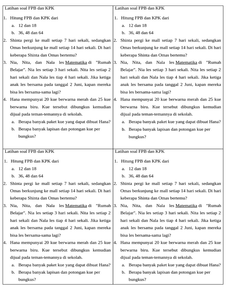 Latihan Soal FPB Dan KPK | PDF | Seni