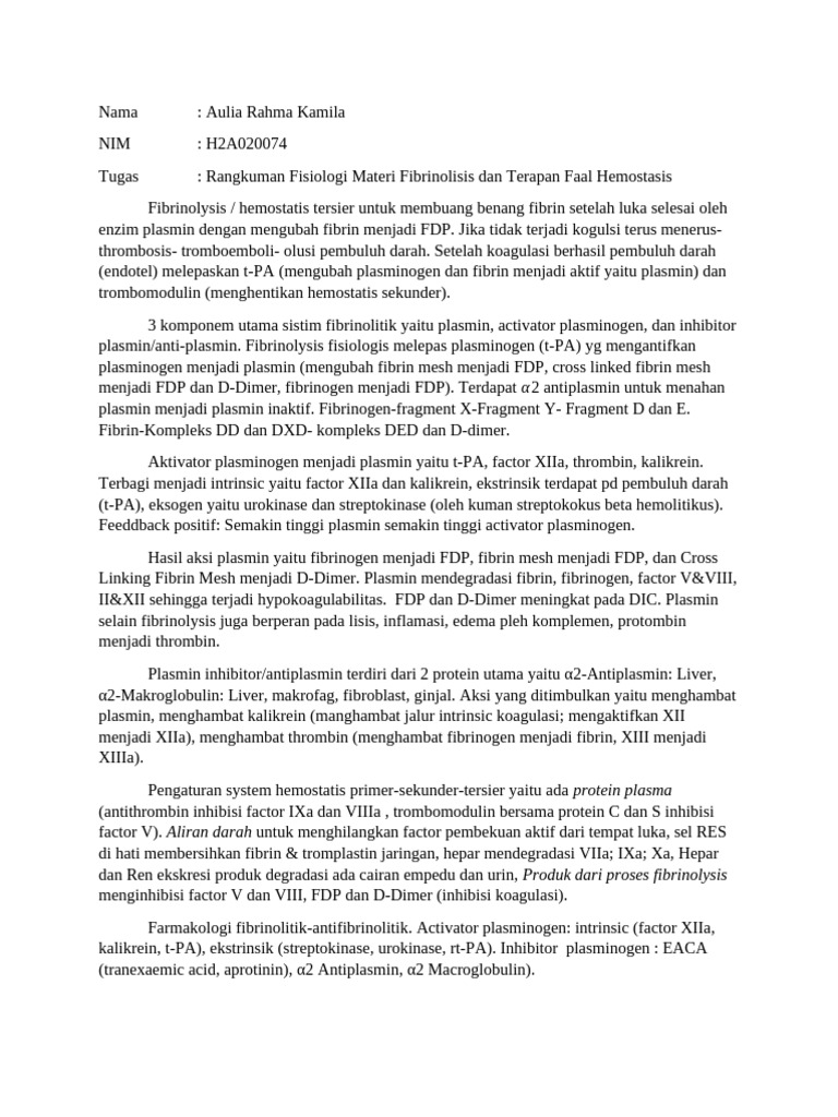 H2A020074 - Aulia Rahma Kamila - Fibrinolisis Dan Terapan Faal Hemostasis | PDF