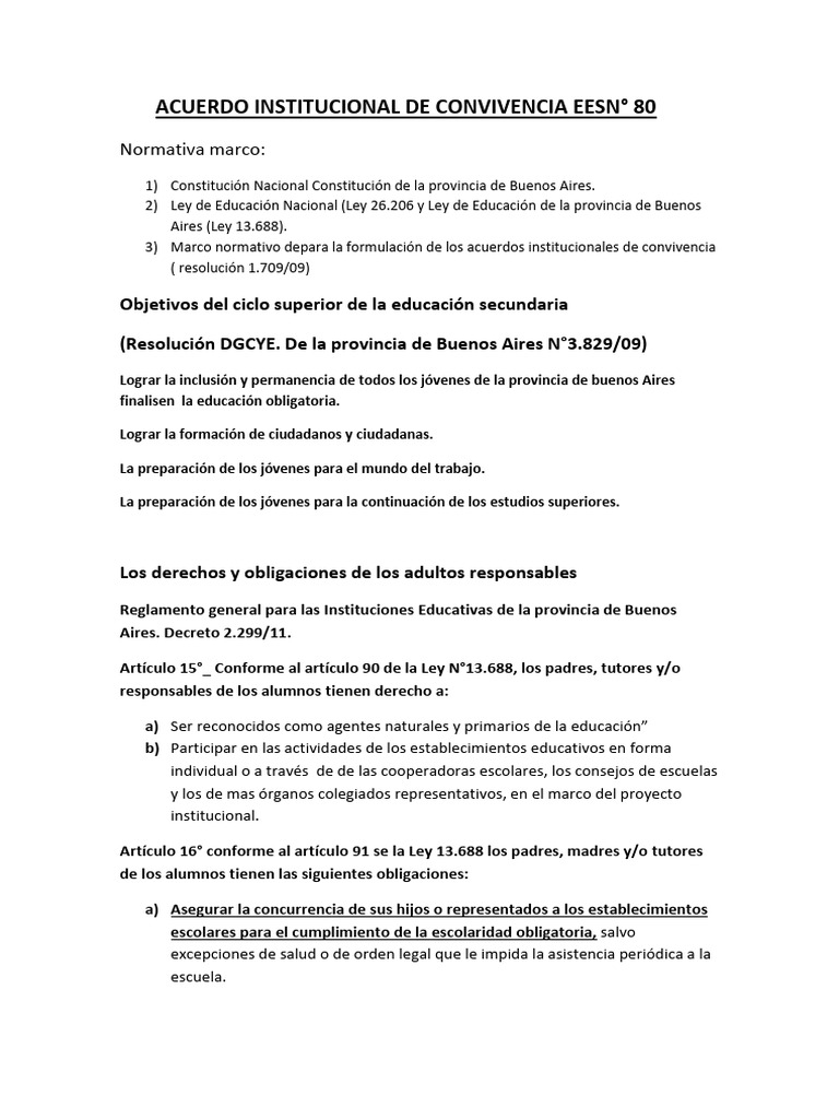 Acuerdo Institucional de Convivencia Eesn | PDF | Escuelas | Educación Secundaria