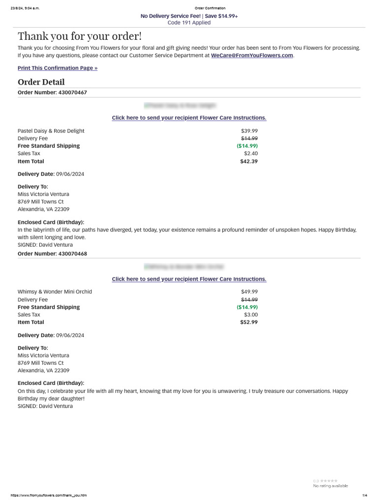 Order Confirmation YourFlowers | PDF