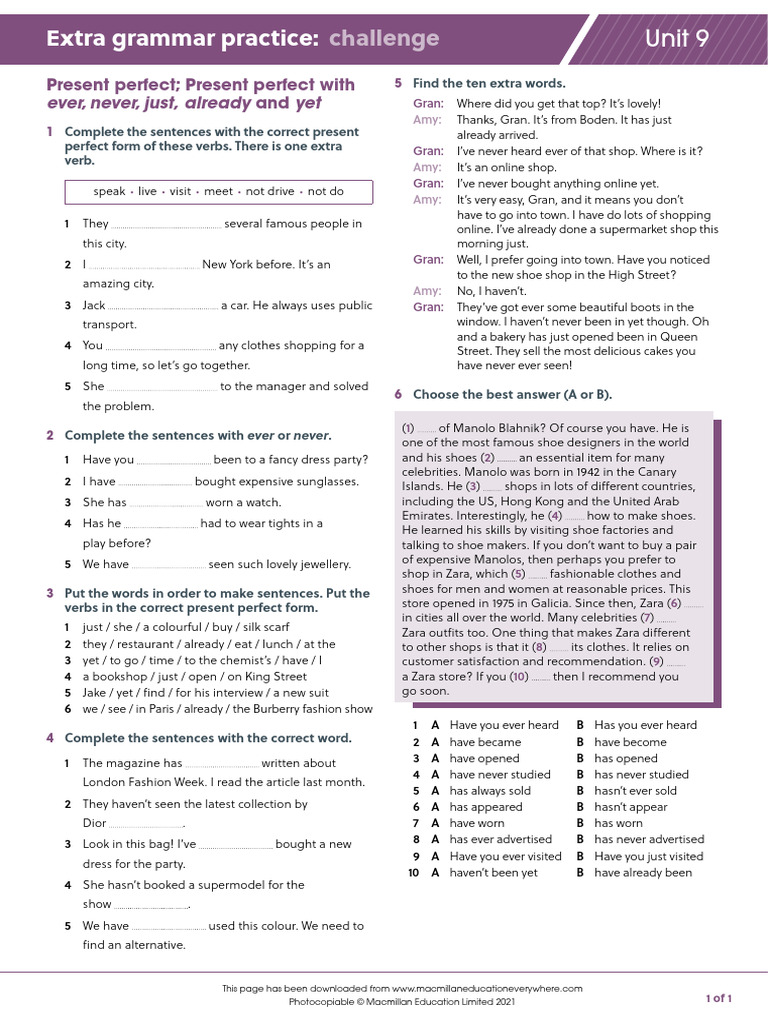 A2 U9 Extra Grammar Practice Challenge | PDF | Clothing | Fashion