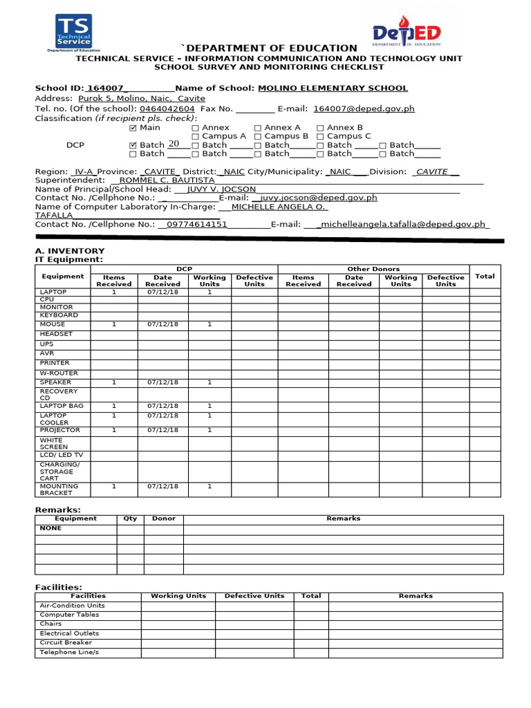 Molino-ES-DCP-DICP-School-Survey-and-Monitoring-Checklist | PDF ...