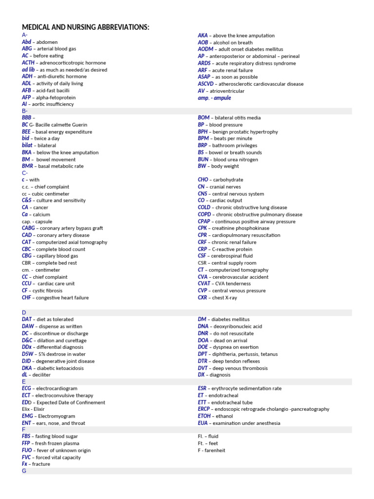 1a Medical and Nursing Abbreviation | PDF | Diabetes | Vein
