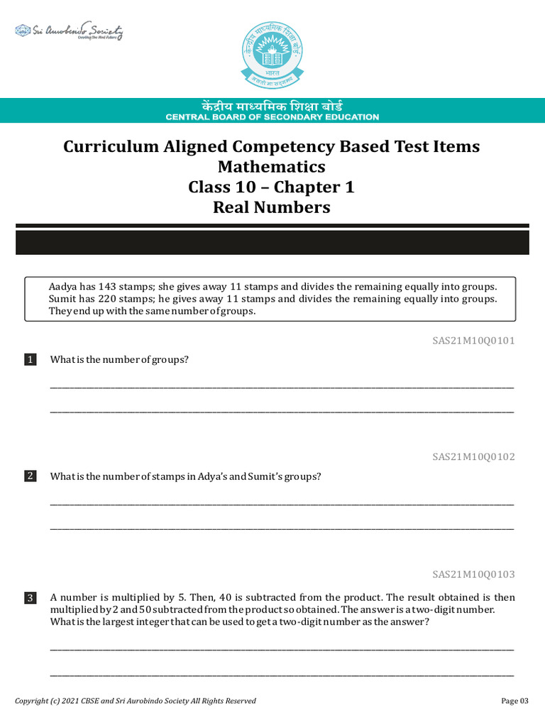 Cbse Class 10 Maths Competency Based Prcatice Questions Chapter 1 | PDF ...