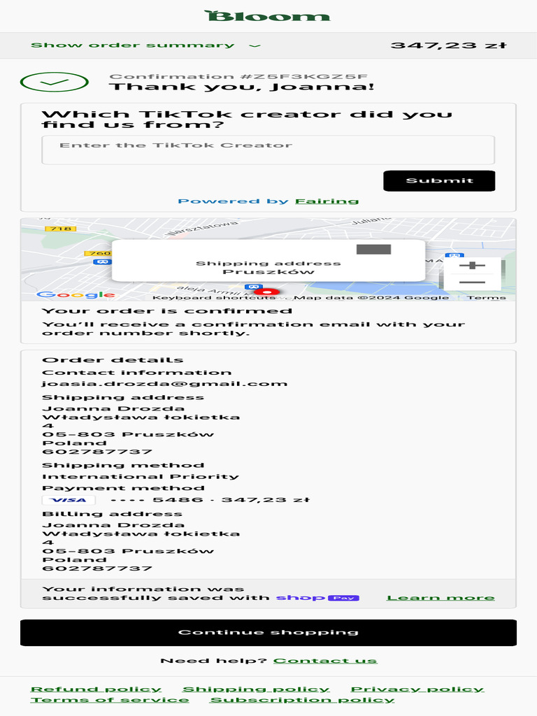 Thank You For Your Purchase! - Bloom Nutrition - Checkout | PDF