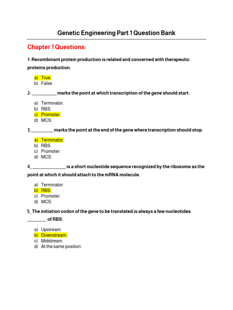 Genetic Engineering Part 1 Question Bank (Answer) | PDF | Promoter ...