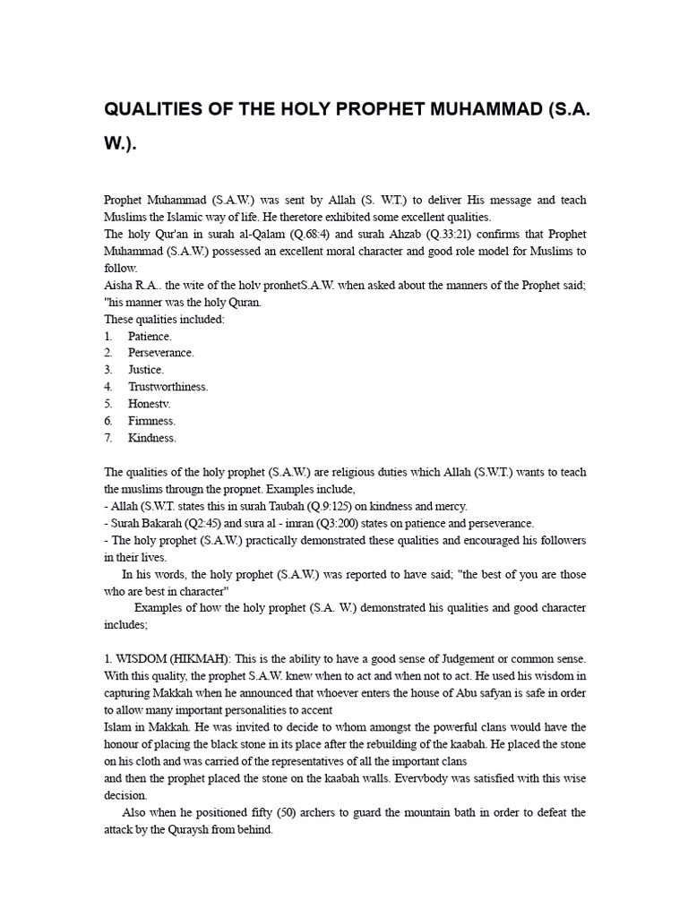 Qualities of The Prophet | PDF | Prophets And Messengers In Islam ...