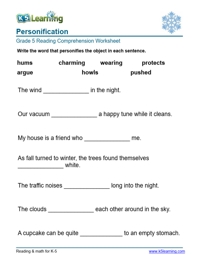 Reading Comprehension - 5th Grade 5 Personification - Fifth Grade 5 ...