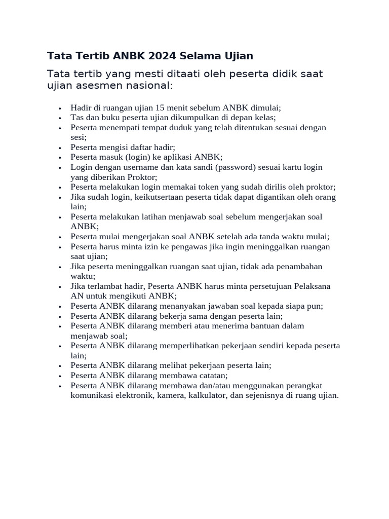 Tata Tertib ANBK 2024 Selama Ujian | PDF