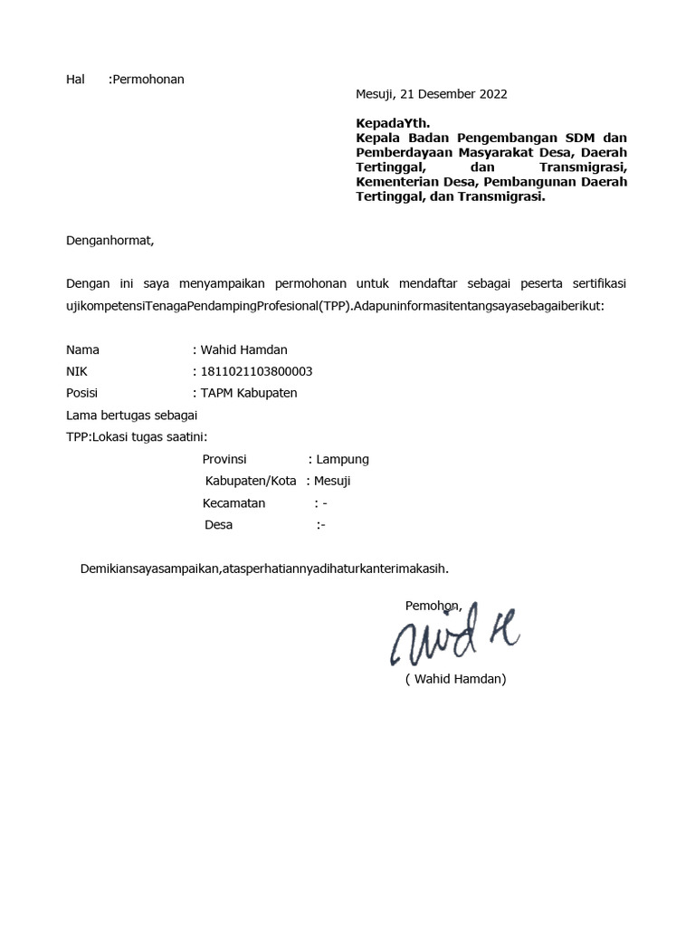 Permohonan Sertifikasi TPP oleh Wahid Hamdan | PDF