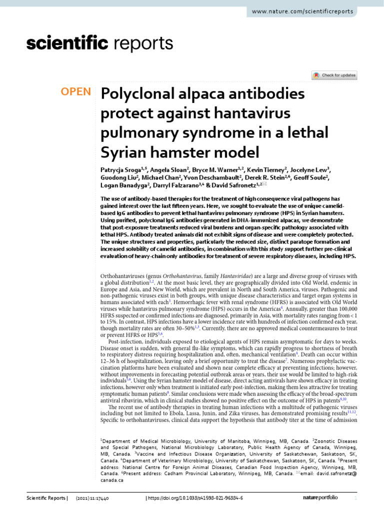 Polyclonal Alpaca Antibodies Protect Against Hantavirus Pulmonary ...