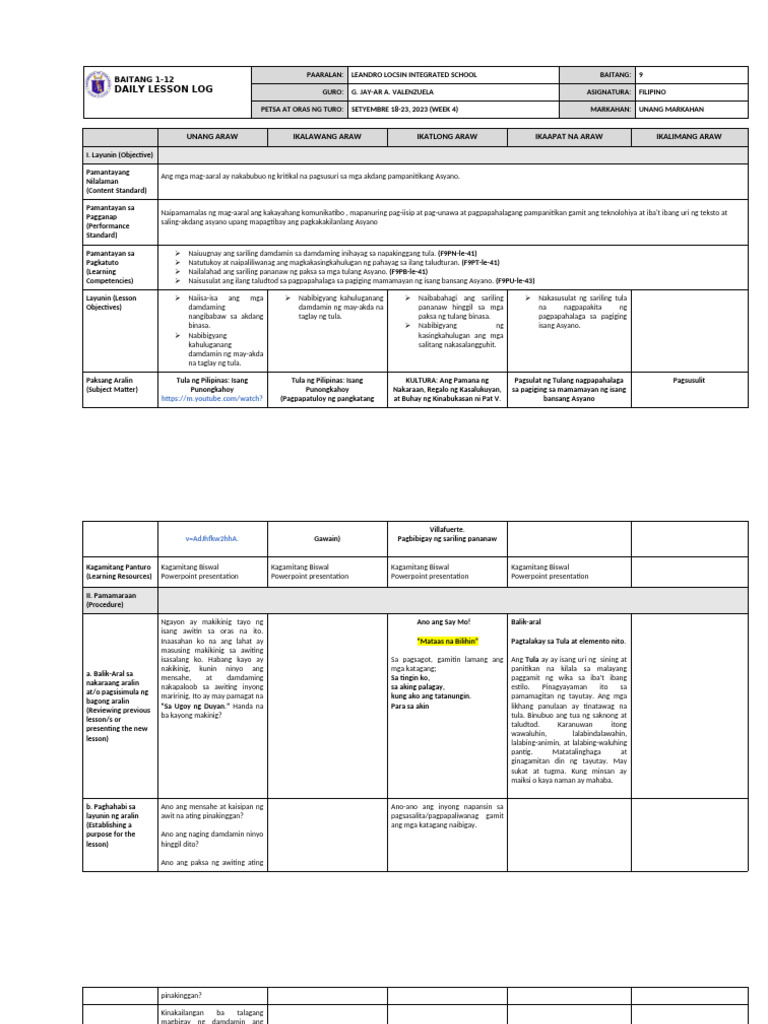 DLL Filipino 9 Week 4 | PDF