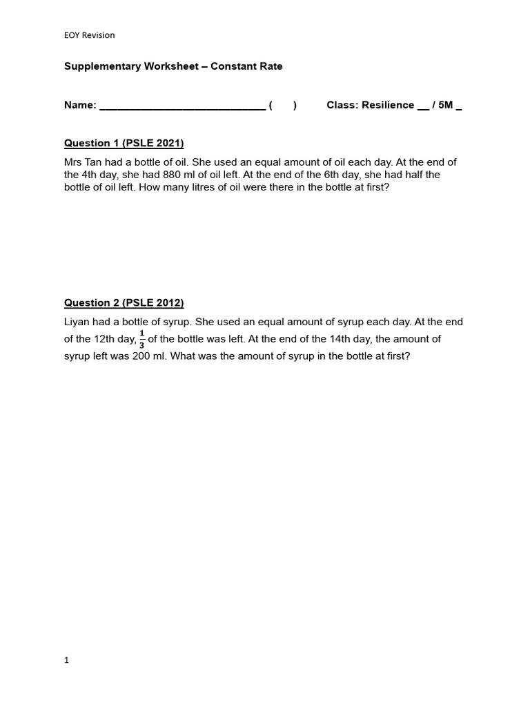 Class 5 Unitary Method Worksheet | PDF