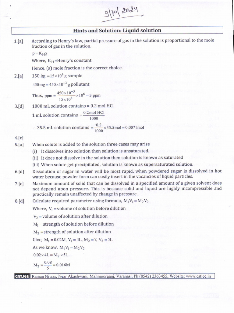 09.10.2024 12th Bio Batch Chemistry Solution | PDF | Solubility | Intermolecular Force