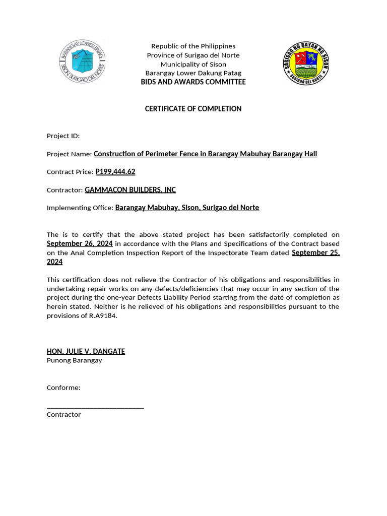 Certificate of Completion for Fence Project | PDF