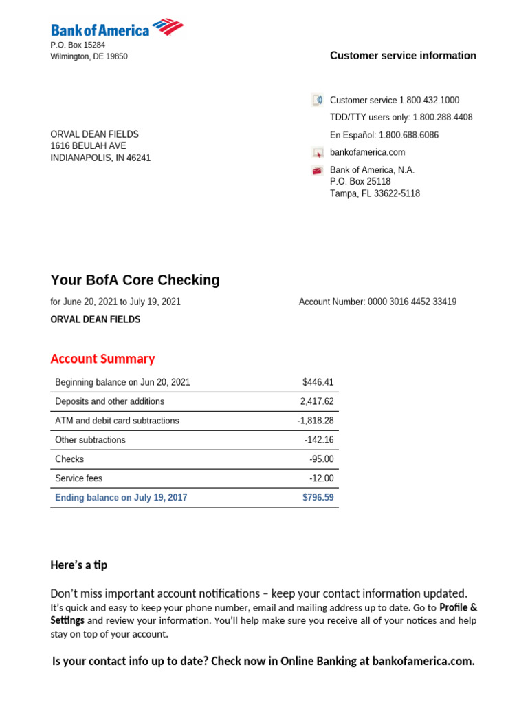 BofA Core Checking Summary July 2021 | PDF