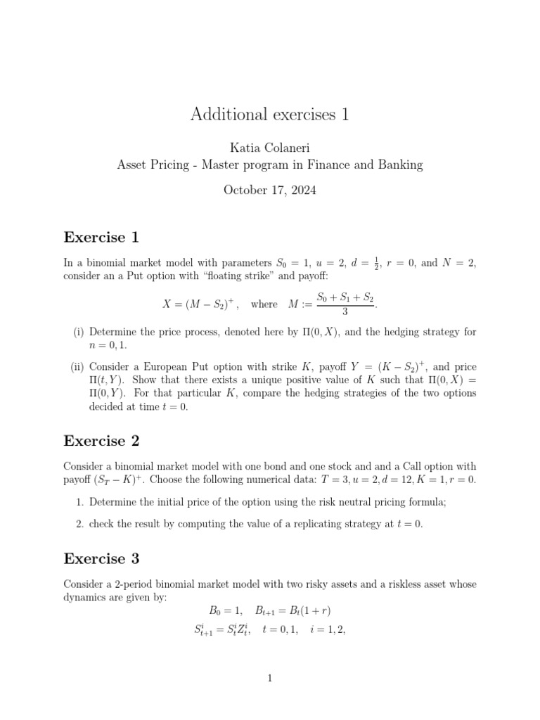Asset Pricing Additional Exercises 1 2024 10-17-19!17!10 | PDF | Option (Finance) | Put Option