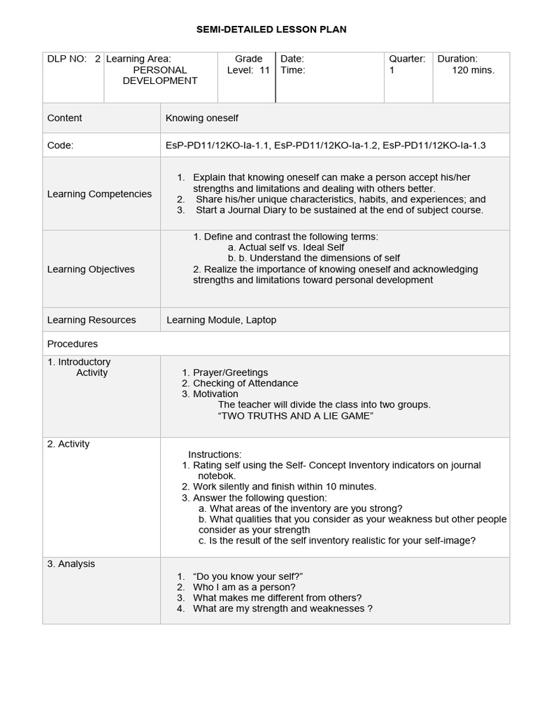 SEMI DLP PERSONAL-DEVELOPMEN-LESSON-PLAN-KNOWING-ONESELF | PDF ...