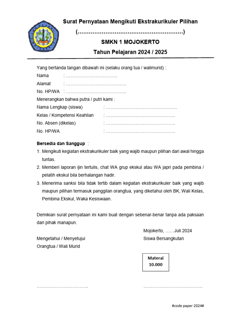 Surat Pernyataan Ekskul 2024 Siswa | PDF