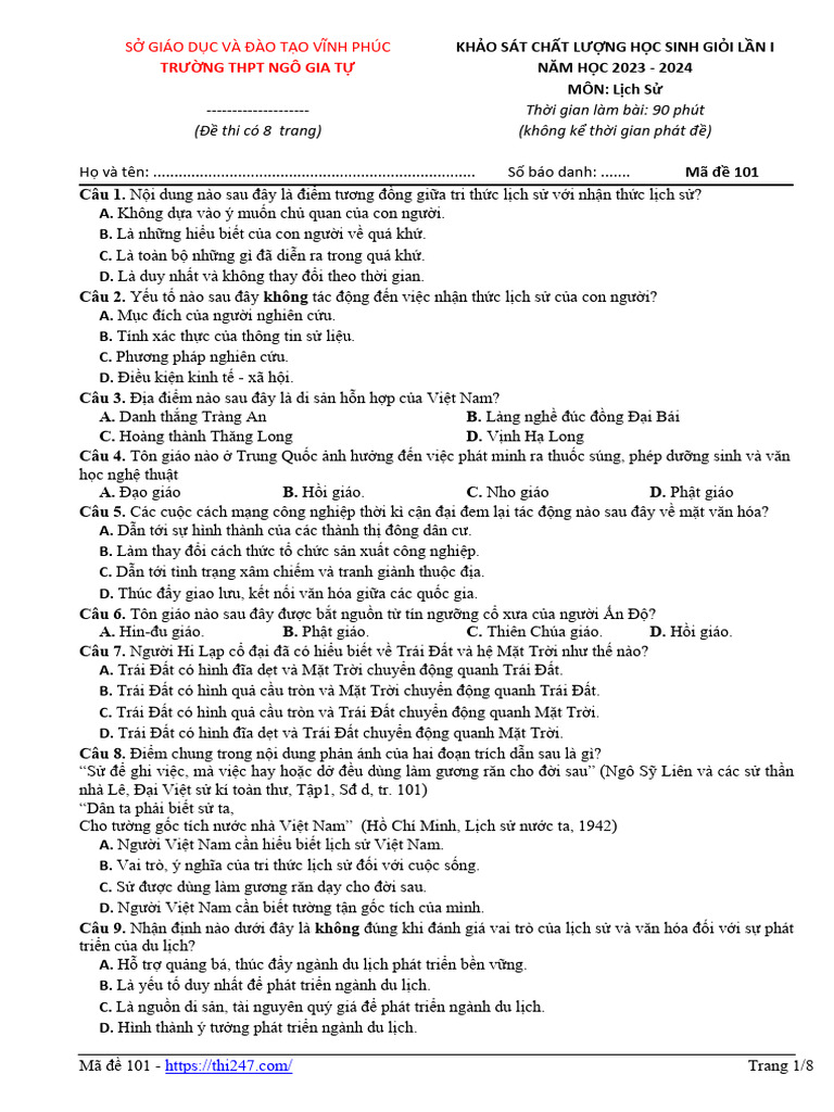 De Thi HSG Lich Su 10 Lan 1 Nam 2023 2024 Truong THPT Ngo Gia Tu Vinh Phuc | PDF