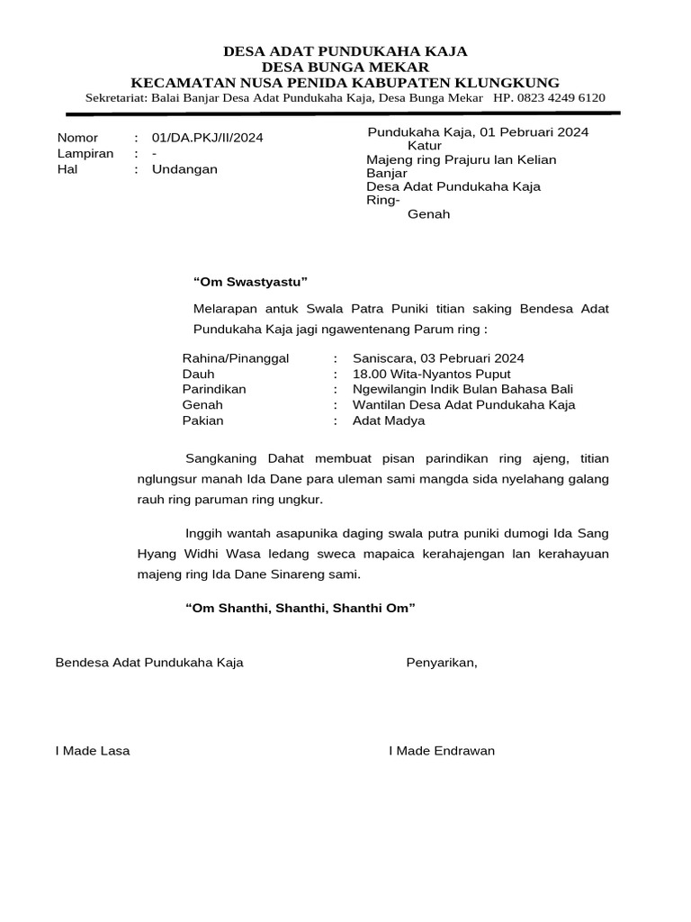 Undangan Paruman Desa Pundukaha Kaja | PDF