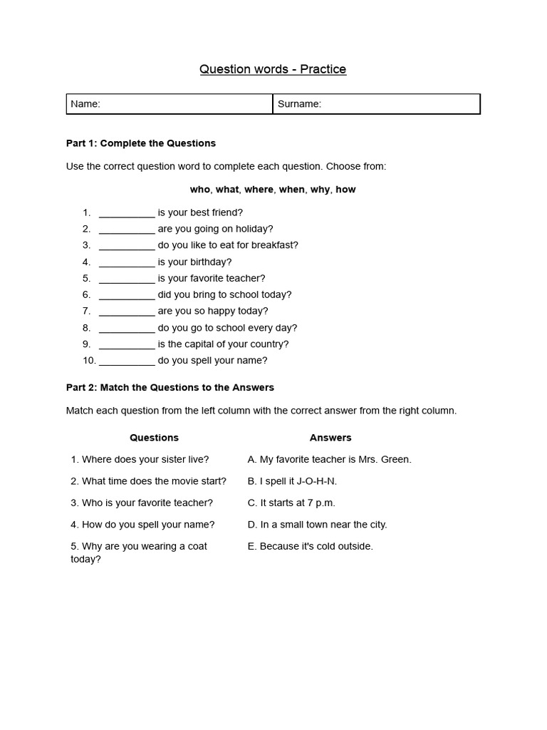 Question Words Practice | PDF | Self-Improvement