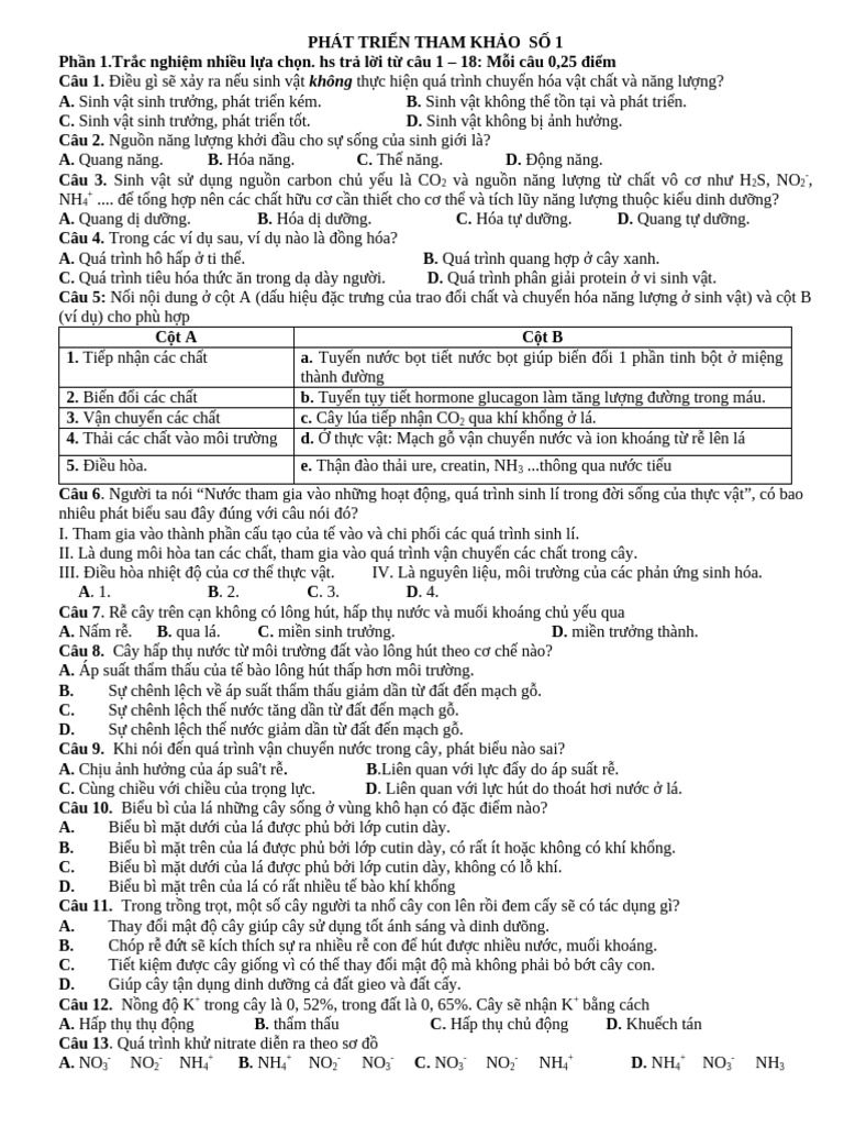 SINH 11 GKI PHÁT TRIỂN ĐỀ THAM KHẢO 1 HS | PDF