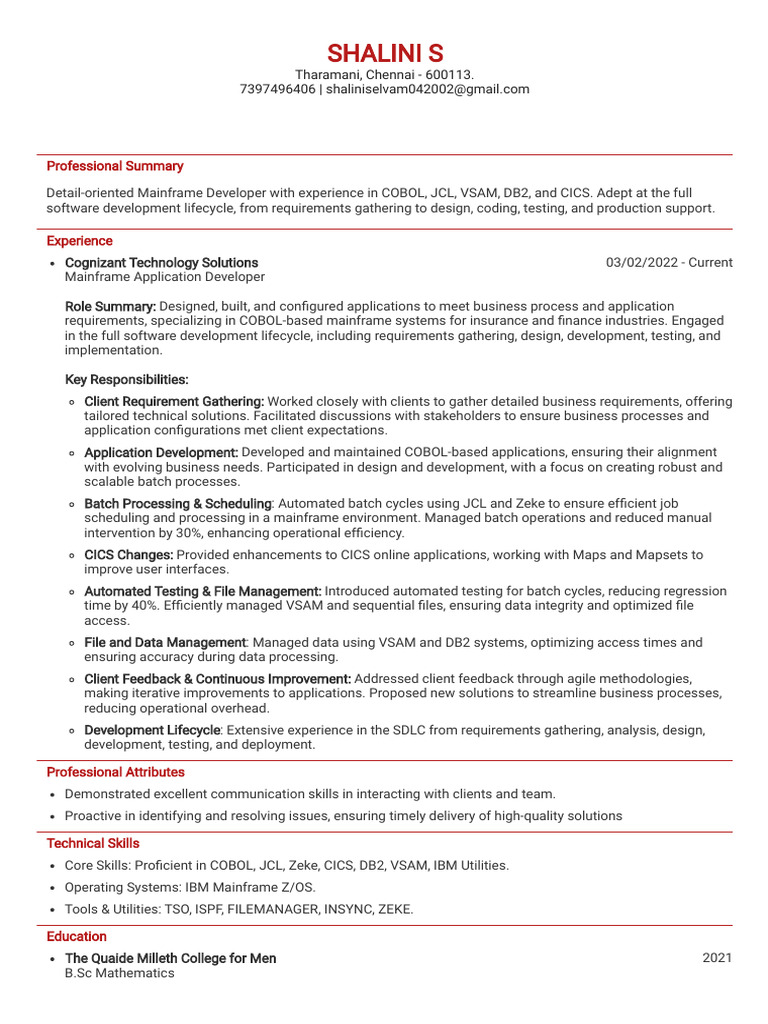 Shalini Mainframe Resume | PDF | Software Development Process | Ibm Db2