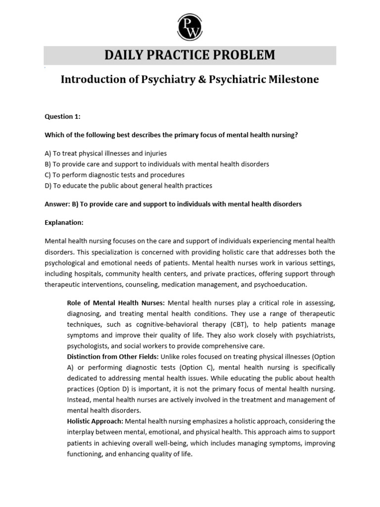 6711ca460724ce629c9f6869 - ## - Introduction To Psychiatry DPP 01 Nursing Express 2.0 For RRB ...