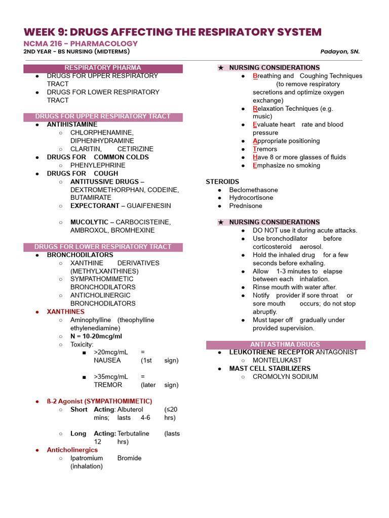 Respiratory Pharmacology Overview | PDF | Respiratory System | Drugs
