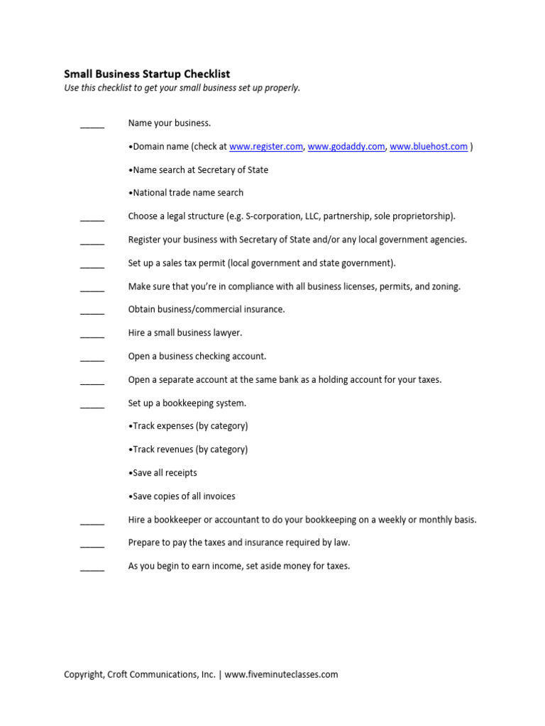 Small Business Startup Checklist Worksheet PDF | PDF
