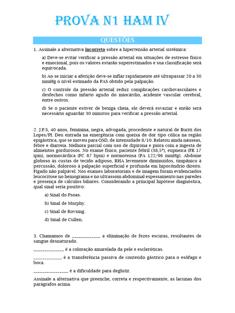 Prova N1 Ham Iv | PDF | Amamentação | Diarreia