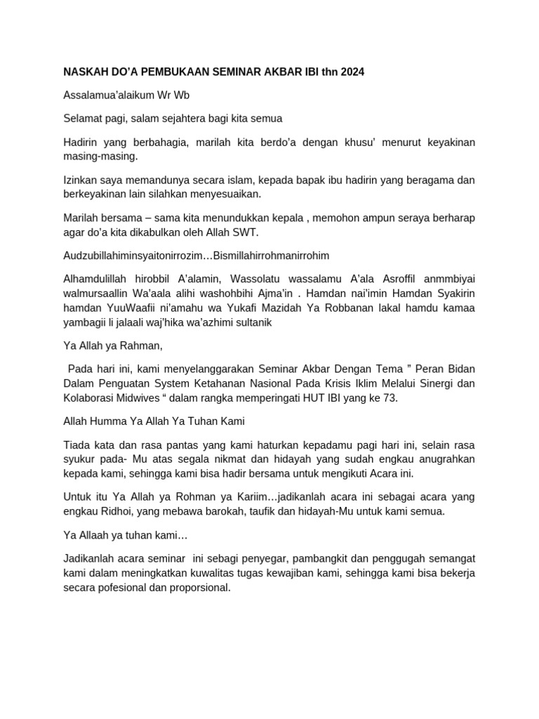 Revisi DO'A Seminar Akbar IBI Ke 73 THN 2024 | PDF | Agama & Spiritualitas