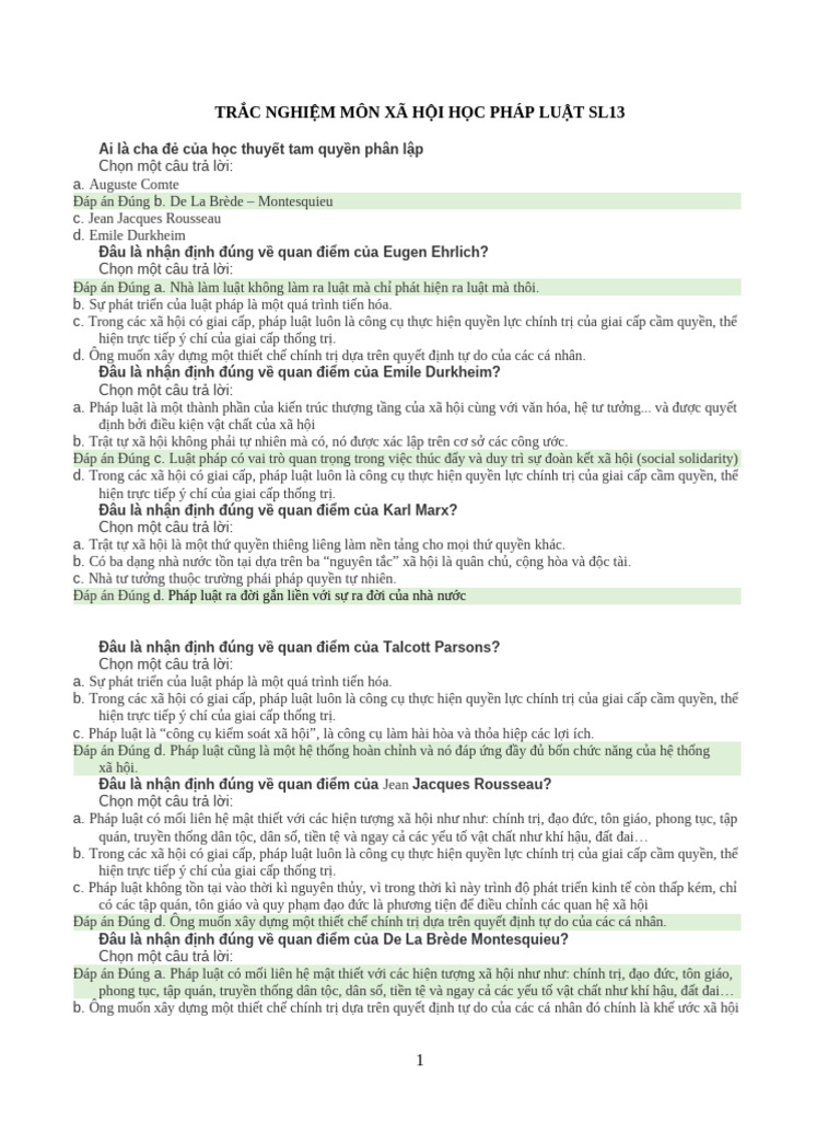 Đáp Án Xã hội học pháp luật SL13 T | PDF