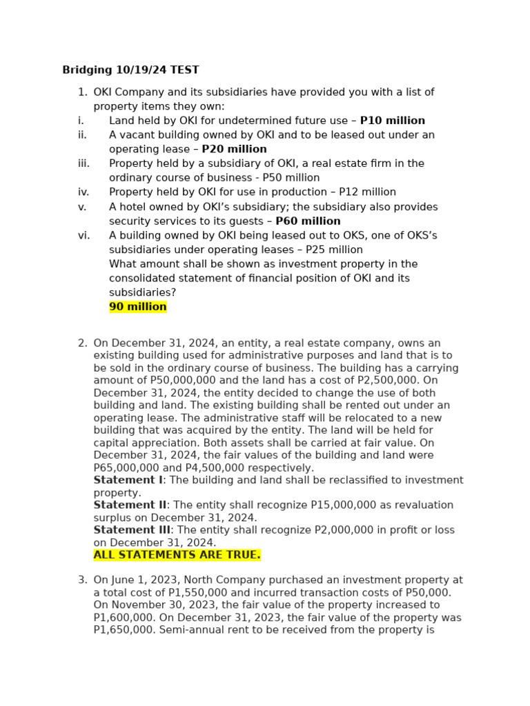Bridging 10-19-24 TEST With Answers | PDF | Depreciation | Expense