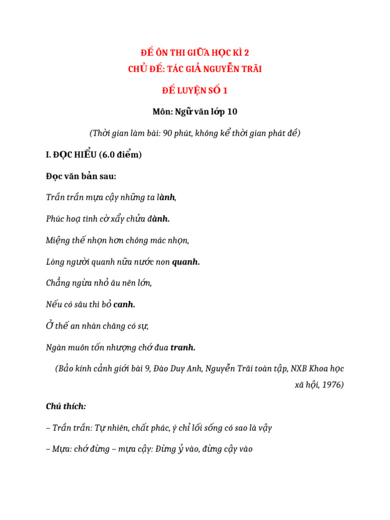 Đề Nguyễn Trãi Hk2 3 | PDF