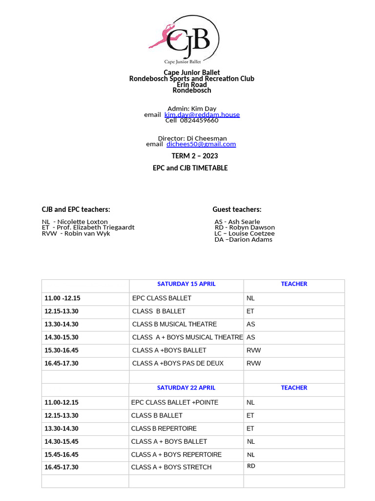 2023 CJB Term 2 Timetable | PDF | Ballet | Concert Dance