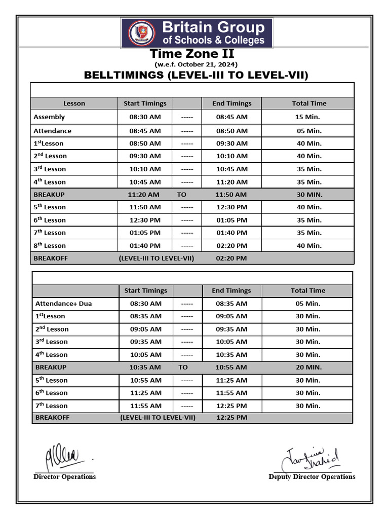 Bell Timings Winter New-Time Zone - II LIII-VII | PDF