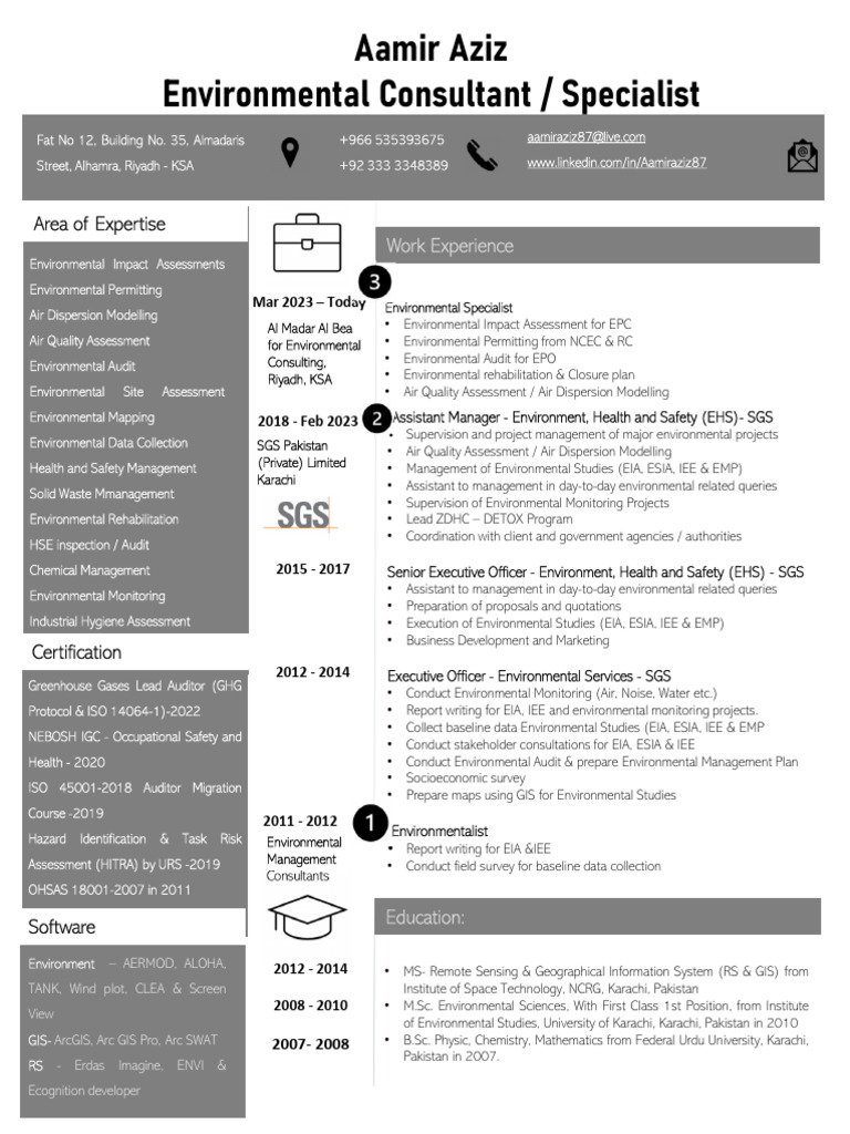 CV Aamir Aziz - EnvironmentaSpecialist - 1 Page | PDF | Environmental Impact Assessment ...