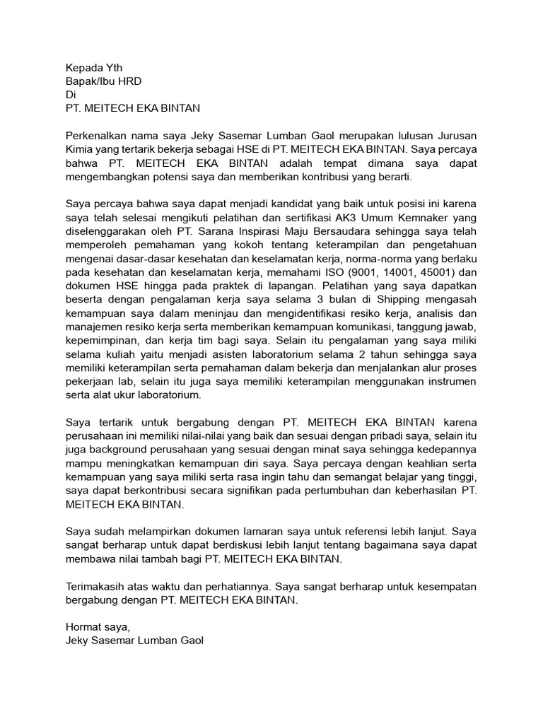 Lamaran HSE PT. MEITECH EKA BINTAN | PDF | Pengembangan Diri