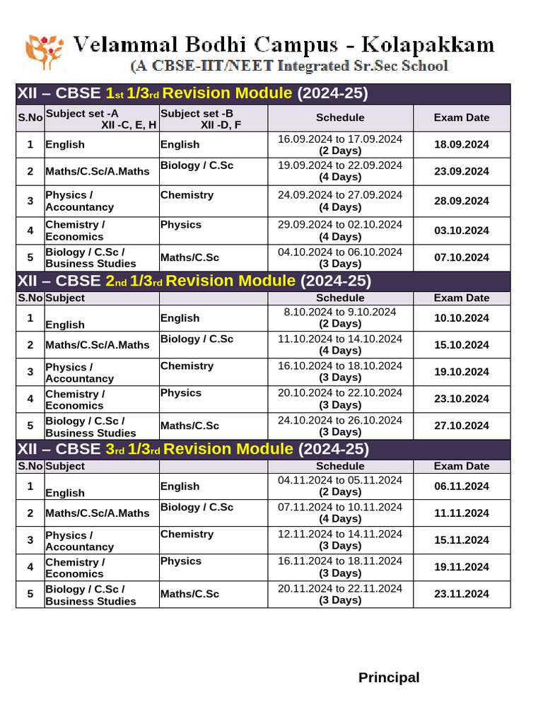 Xii - Cbse Board Revision Module 2024-25 (One Third and Full Portion Time Table) | PDF ...