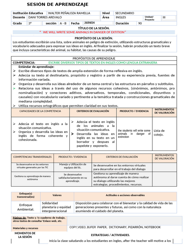 Sesión 3° Ing - Animals en Peligro | PDF | Aprendizaje | Evaluación