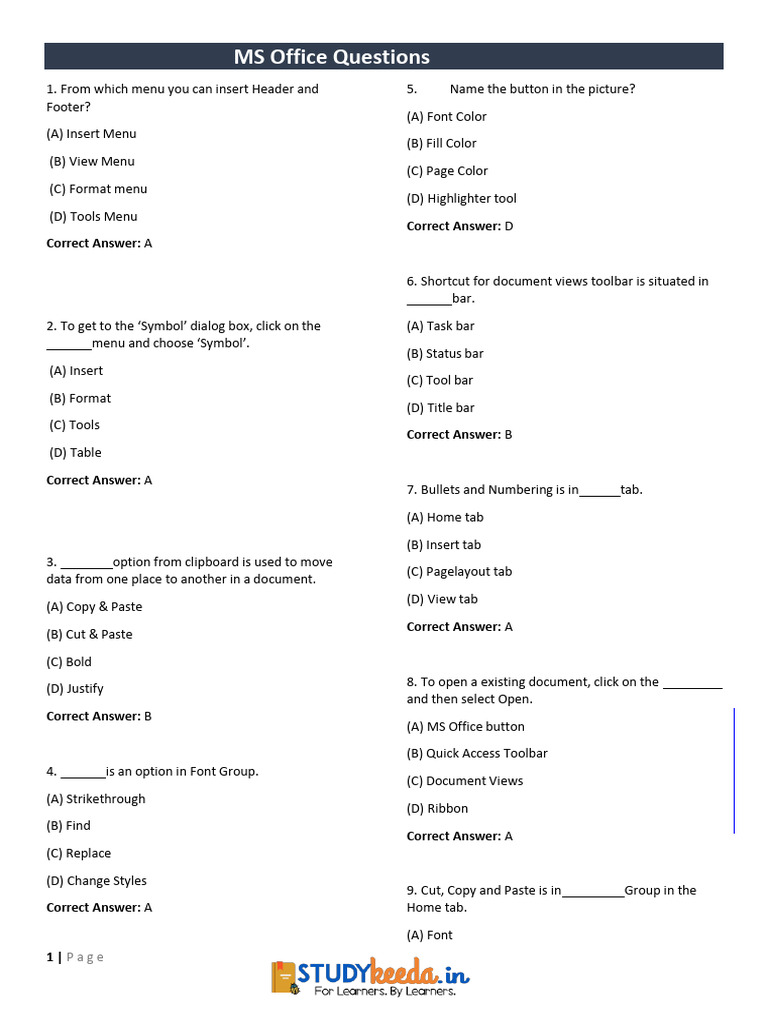 MS-Office-Questions | PDF | Microsoft Excel | Microsoft Word