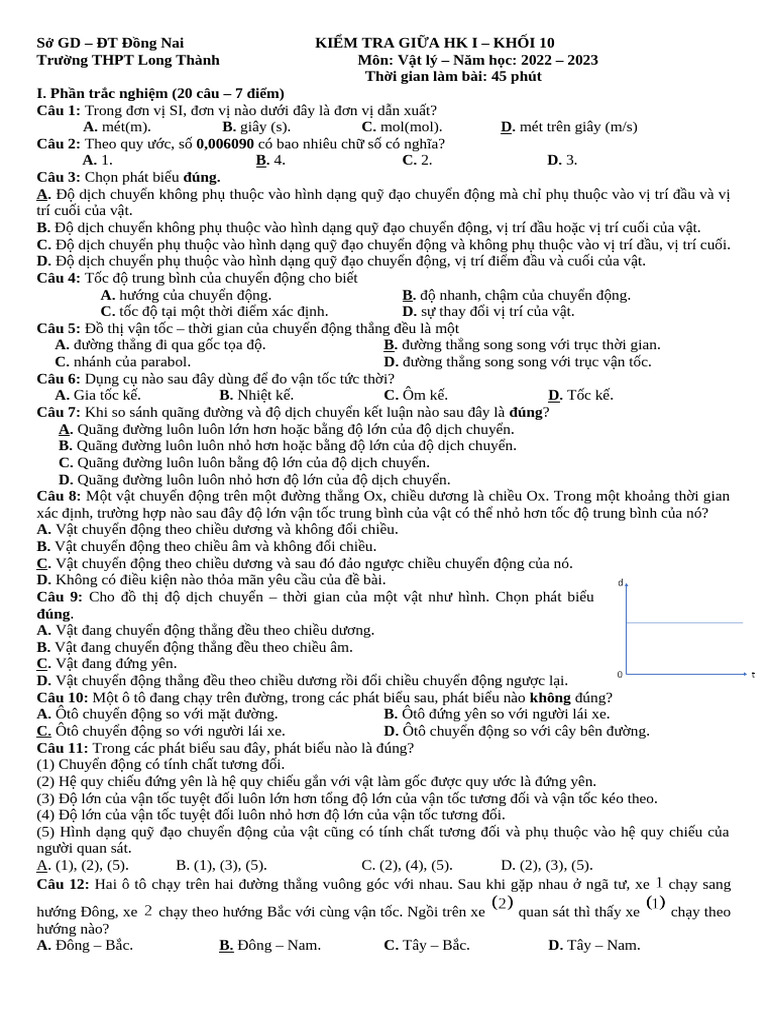 Vat Ly 10-Ctst-Giua HK I-Thpt Long Thanh-Dong Nai | PDF