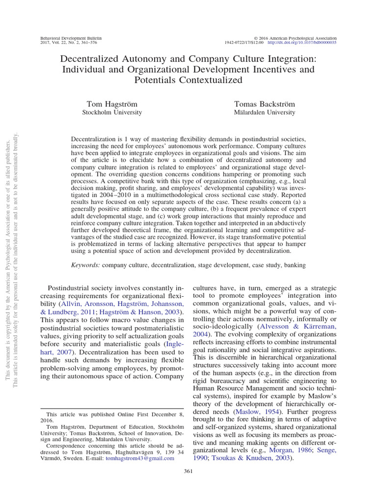 Decentralized Autonomy and Company Culture Integration: Individual and Organizational ...