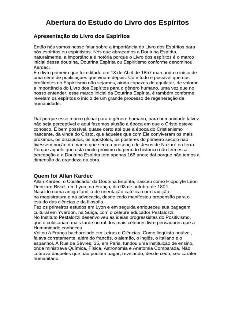 Importância do Livro dos Espíritos | PDF | Espiritismo | Espiritualismo